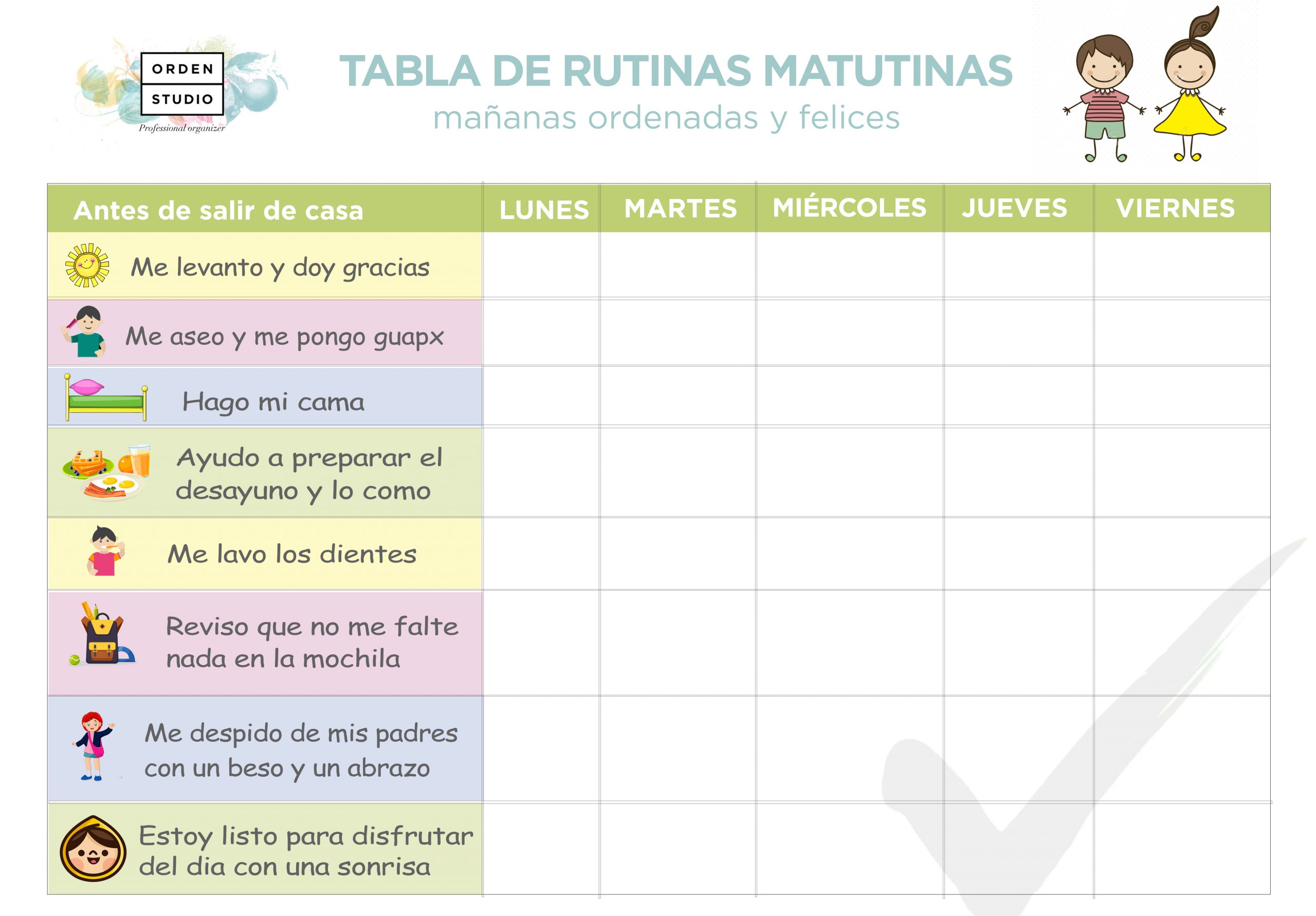 Tabla de rutinas matutinas para niños - Orden Studio